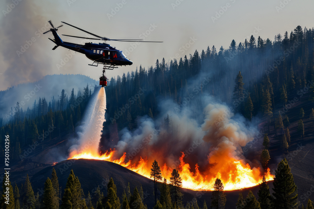 Helicopter dropping water wildfire in rugged terrain, filtered through ...
