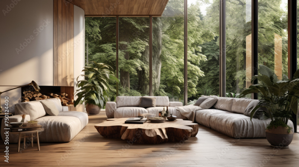 A modern living room with biophilic design featuring natural wood ...