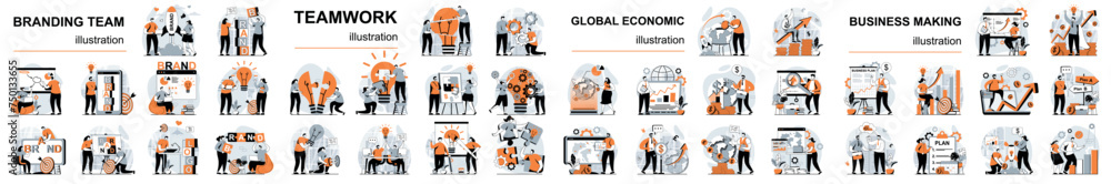 Mega set flat design concept teamwork, branding, economic, business ...