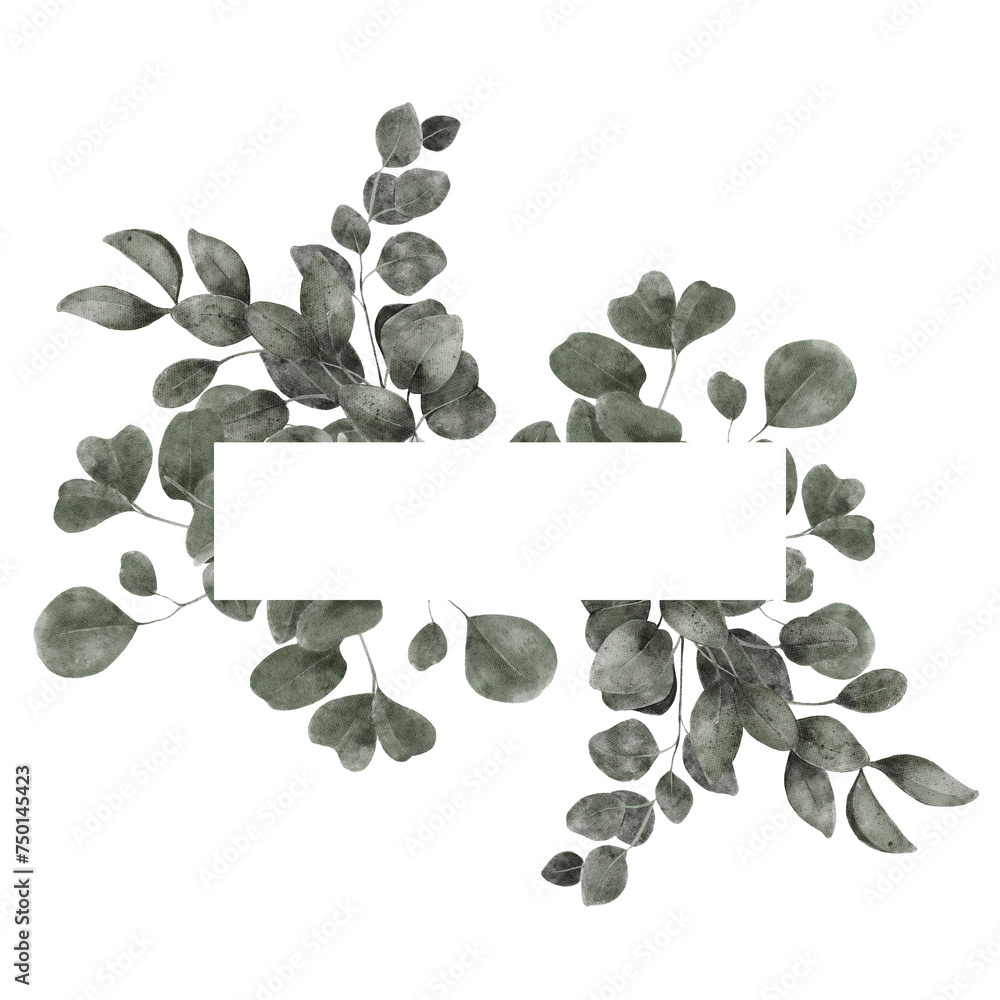 frame with watercolor hand draw green sage, leaves, branches, isolated ...