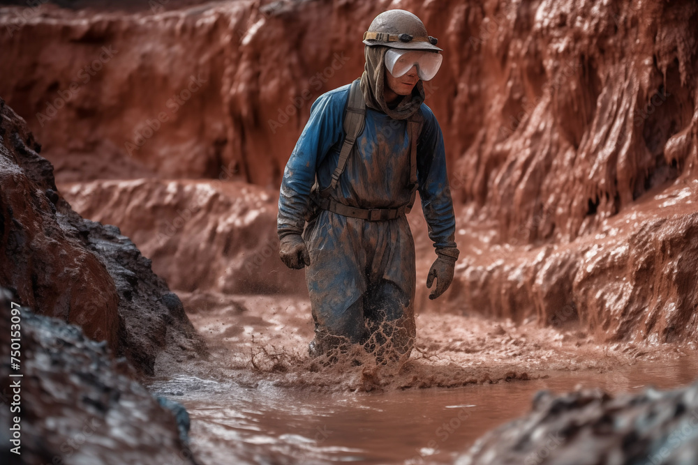 Gold rush. Gold Miner during gold mining. Miner is Digging up for ...