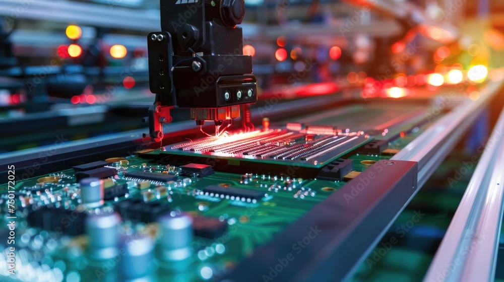 Automated PCB assembly line. Conveyor with robotic arms in electronics ...