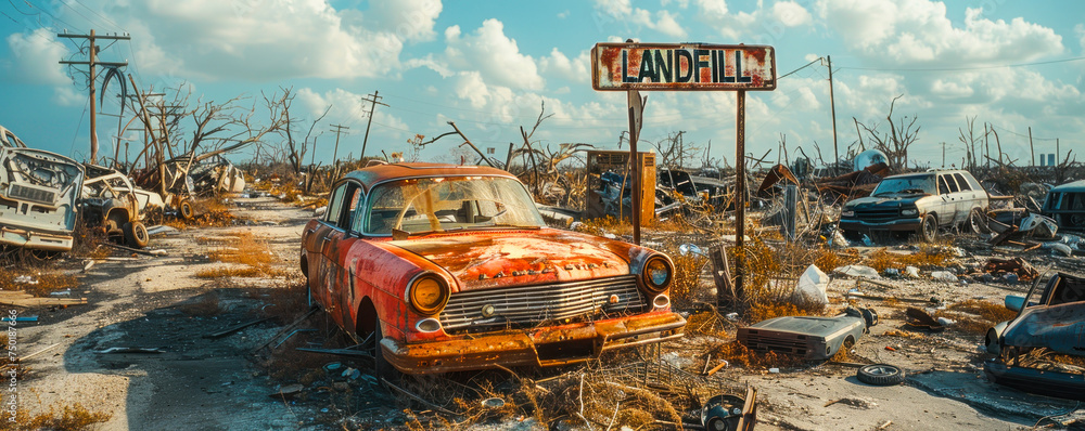 Rusty signage spelling LANDFILL towers over a pile of discarded ...