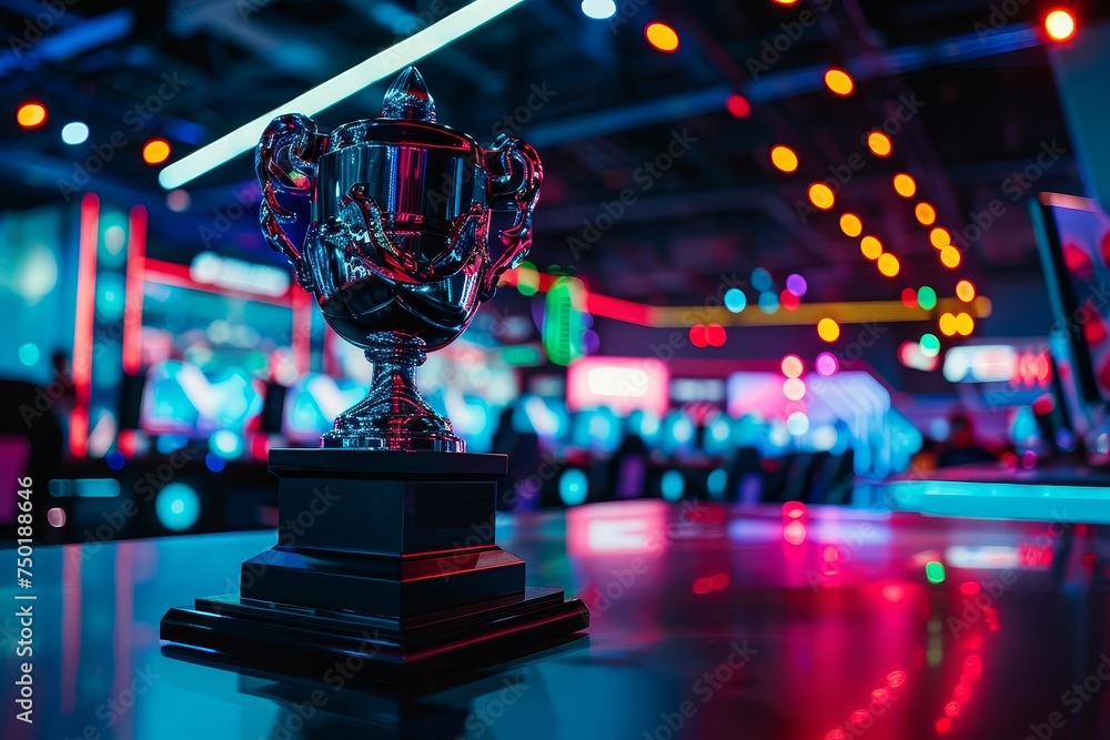Esports trophy center stage in a championship arena Surrounded by ...