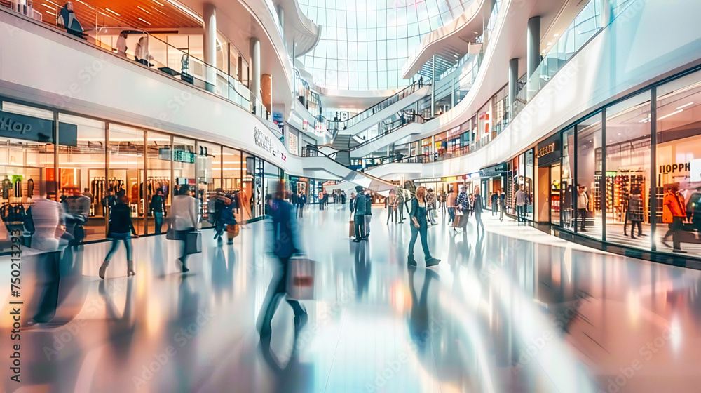 Abstract shopping mall interior, blurred motion of customers, retail ...
