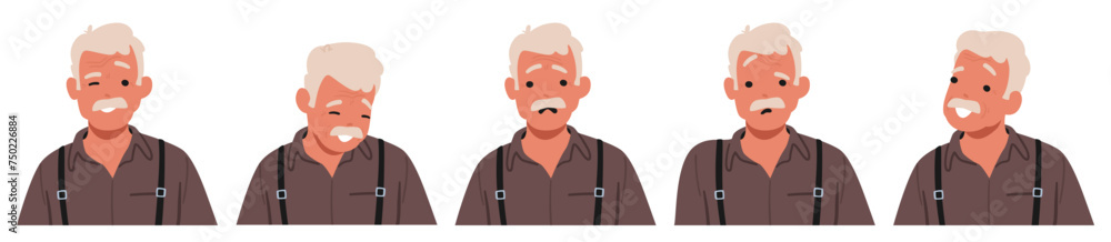 Old Mustached Man Face Emotions. Wrinkled Senior Male Character Wink ...