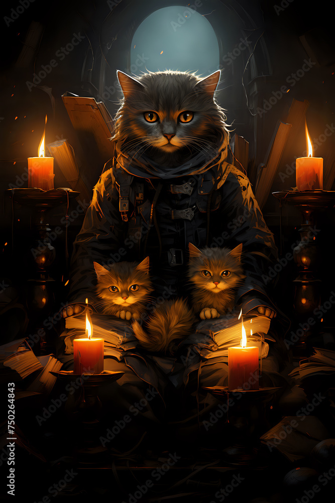 Mystical Feline Guardians. In a candlelit scene, a majestic cat and its ...