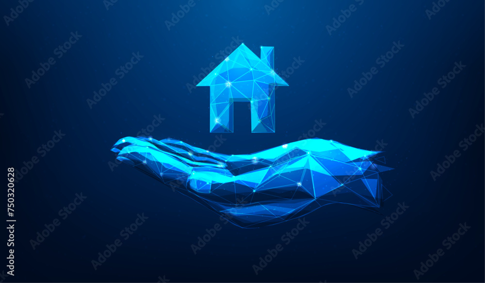 businessman hand holding house icon digital technology on blue ...
