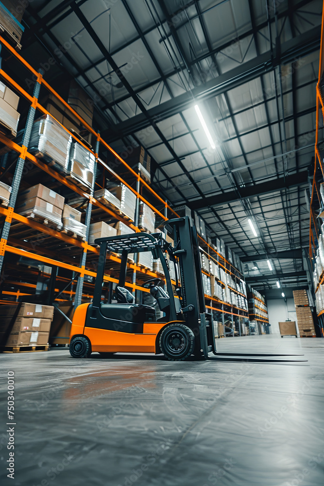 Industrial warehouse equipped with forklift and racks for storing boxes ...