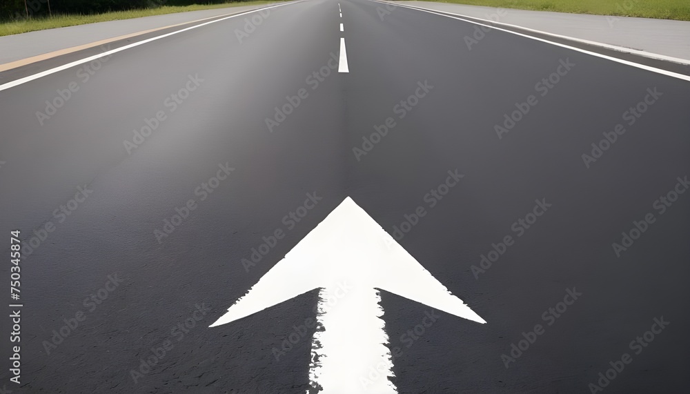 An asphalt road stretches into the distance with a painted white arrow ...
