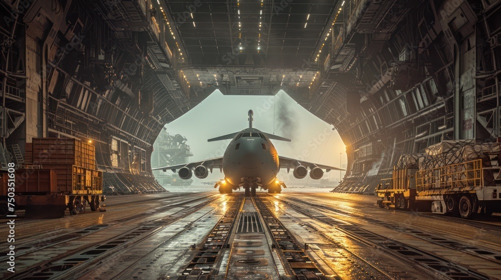 The front landing gear of a large cargo plane lifts the aircraft off ...