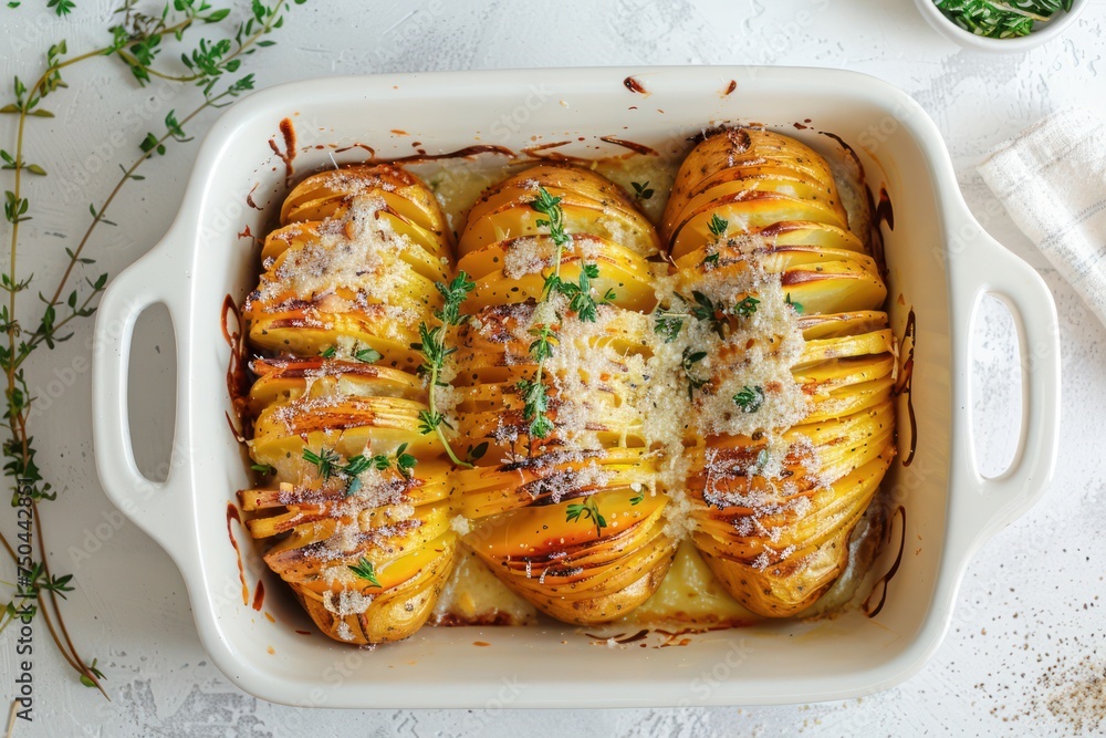 Hasselback potatoes with herbs in white ceramic casserole dish on white ...