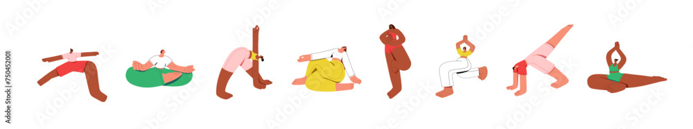 Different yoga positions set. Women practice various asanas. People go ...
