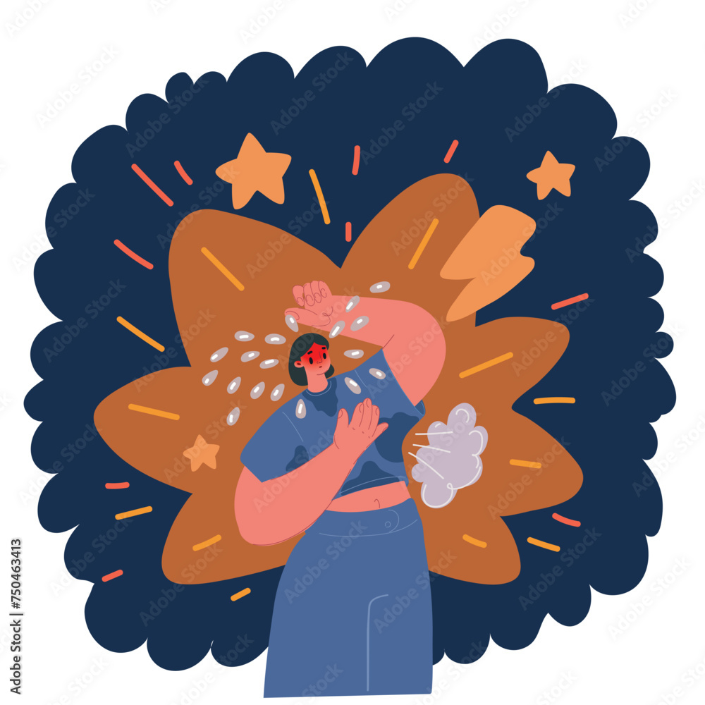 Cartoon vector illustration of Stressed annoyed woman overheating ...