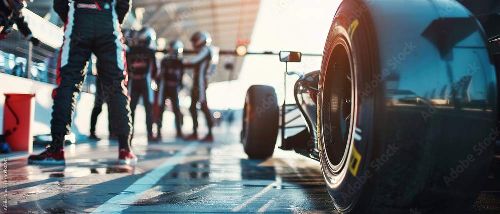 Professional pit crew ready for action as their team's race car arrives in the pit lane during a ...