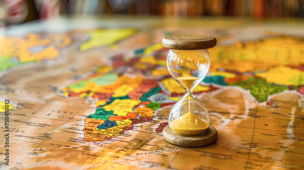 Ilustrace Sands of Time on a World Map - Vintage Hourglass Against ...