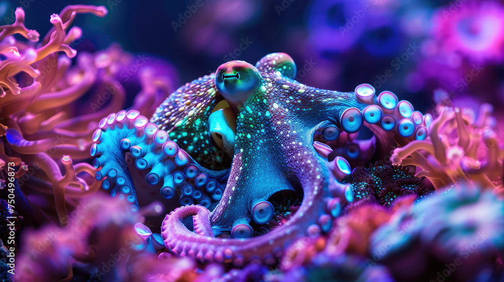 Octopus with neon violet and pink marbled skin moves among coral in an ...