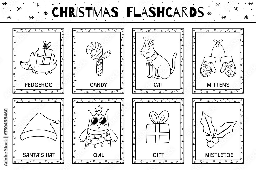 Christmas flashcards black and white collection for kids. Flash cards ...