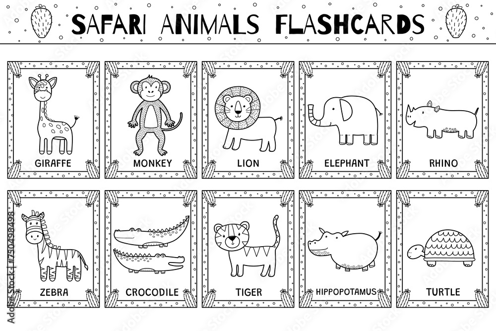 Vector de Stock Safari animals flashcards black and white collection ...