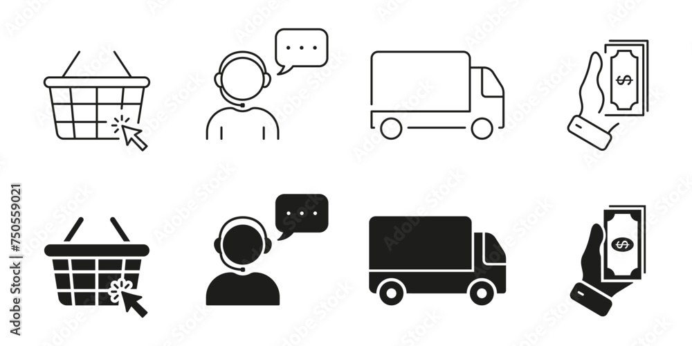 E-Commerce And E-Business Line and Silhouette Icon Set. Online Shopping ...