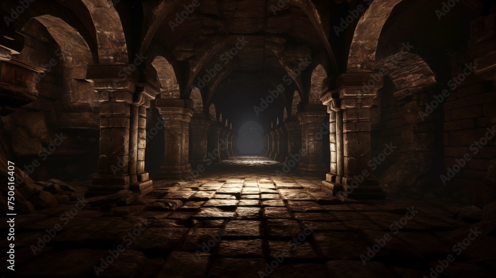 Scary endless medieval catacombs with torches. Mystical nightmare ...