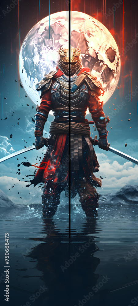 water samurai vs Cyborg samurai in the moon shaped wallpaper design ...