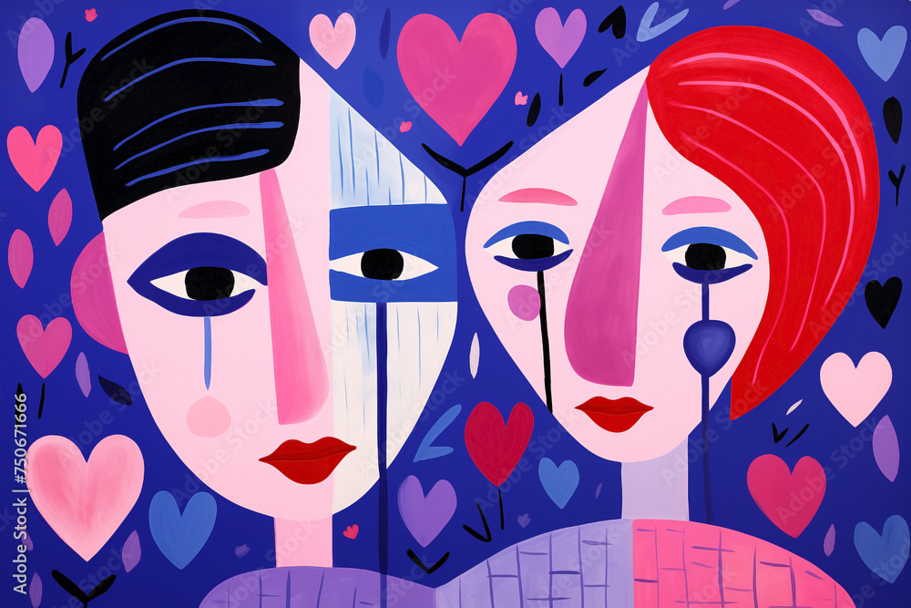Illustration Stock Queer partners with hearts in expressionist ...