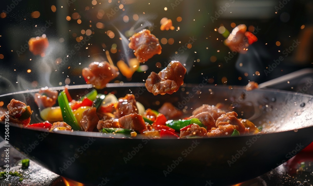 Stir fry meat and vegetables cooking in wok, flying ingredients ...