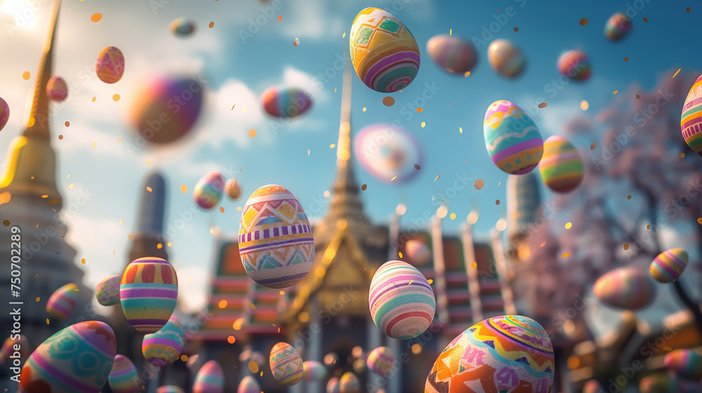 Easter eggs falling from the sky in Thailand with ancient temples and ...