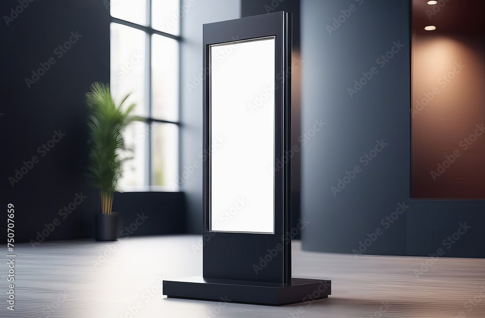 A modern empty totem, kiosk, digital signage in the office. Isolated ...