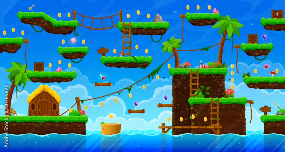 Arcade tropical pirate island game level map interface. Palms and ...