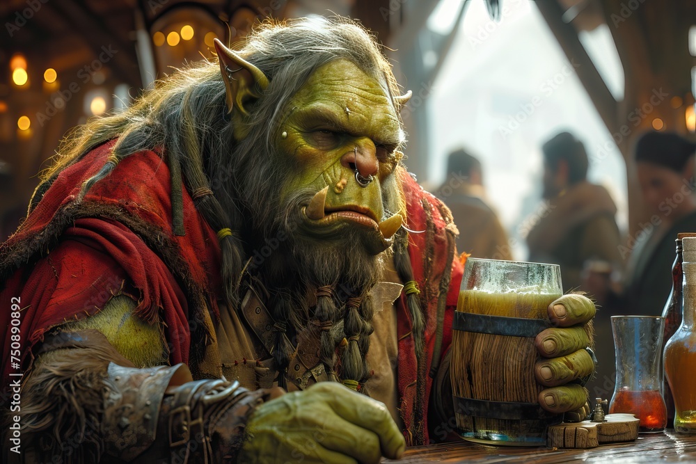 Orc ogre sitting in a tavern relaxing while drinking in a wooden cup ...