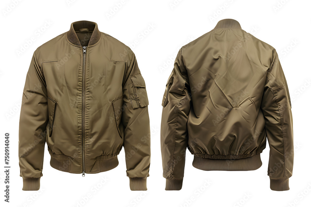 Front and back view of a khaki military jacket template. Rugged design ...
