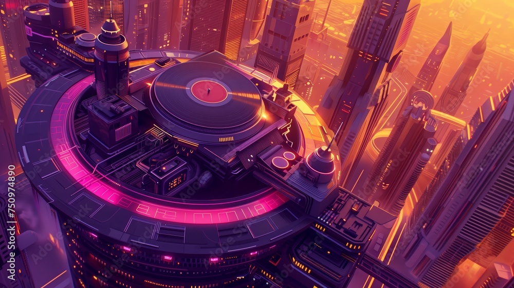 Futuristic cityscape with a large building in the center. The building ...