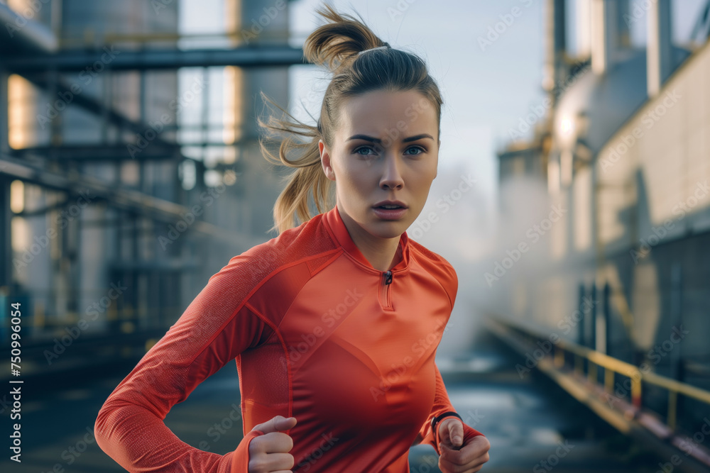 Serious female runner in red, her ponytail mid-swing, industrial pipes ...