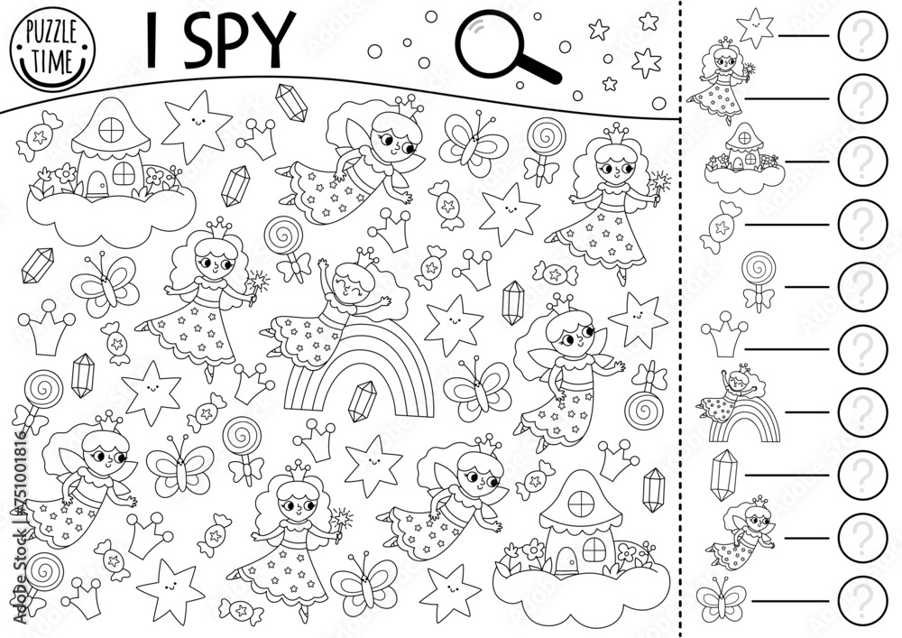 Unicorn black and white I spy game for kids. Searching and counting ...