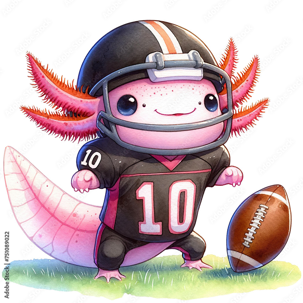 Axolotl characters in football uniforms with helmets and football ...