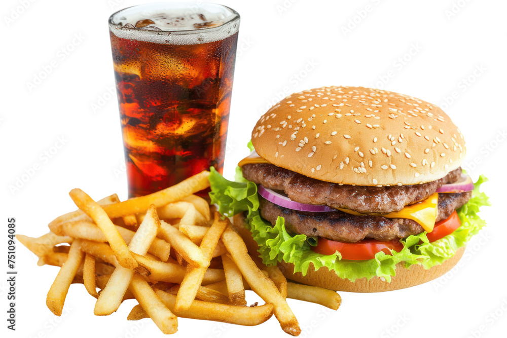 Hamburger and cheeseburger with coke soda, deluxe fast food, isolated ...