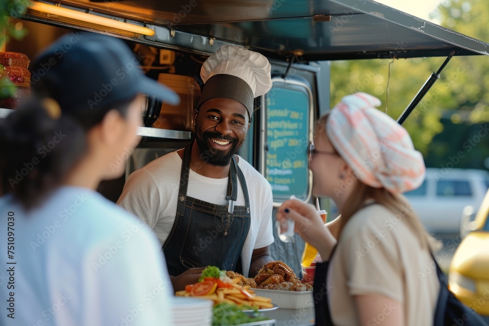 Multiracial people ordering food at counter in food truck outdoor ...