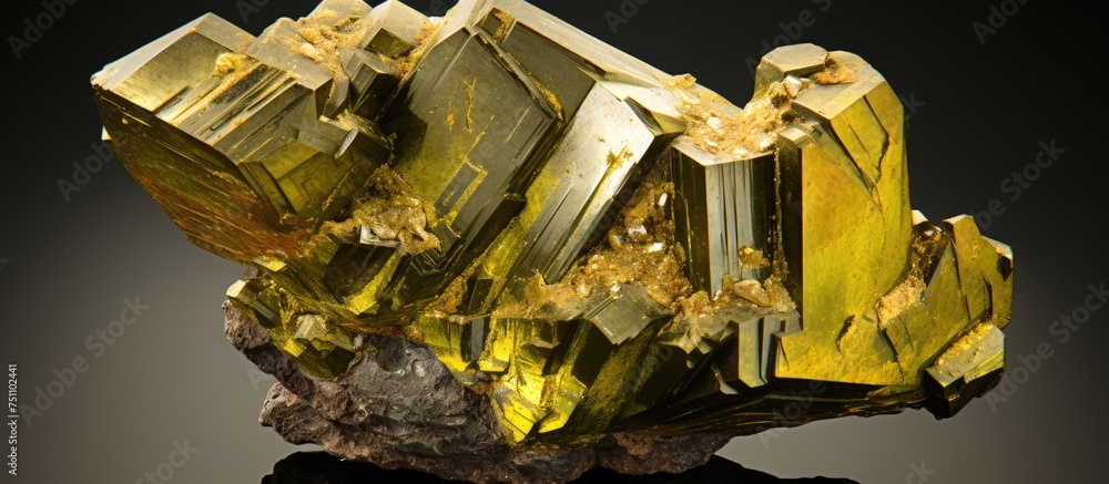 A cluster of yellow pyrite crystals is arranged neatly on top of a ...
