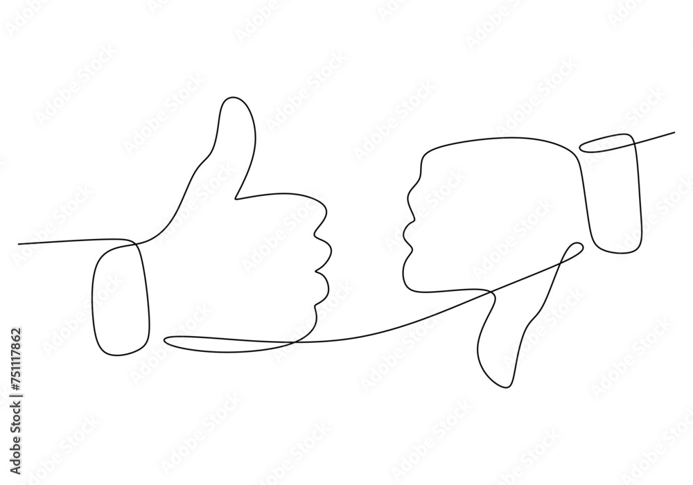 continuous line drawing of a hands showing thumb up and down. Symbol of ...