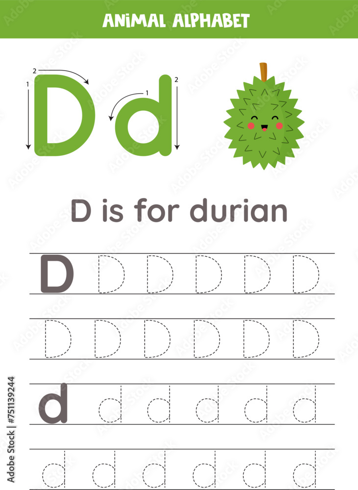 Tracing alphabet letters for kids. Fruit and vegetables alphabet. D is ...