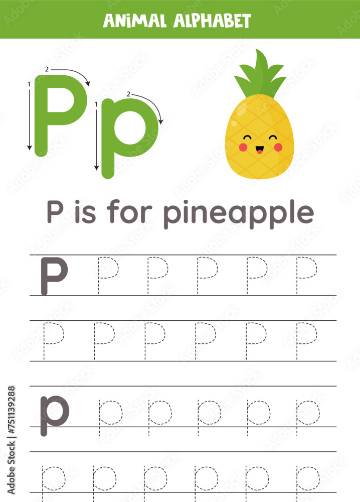 Tracing alphabet letters for kids. Fruit and vegetables alphabet. P is ...