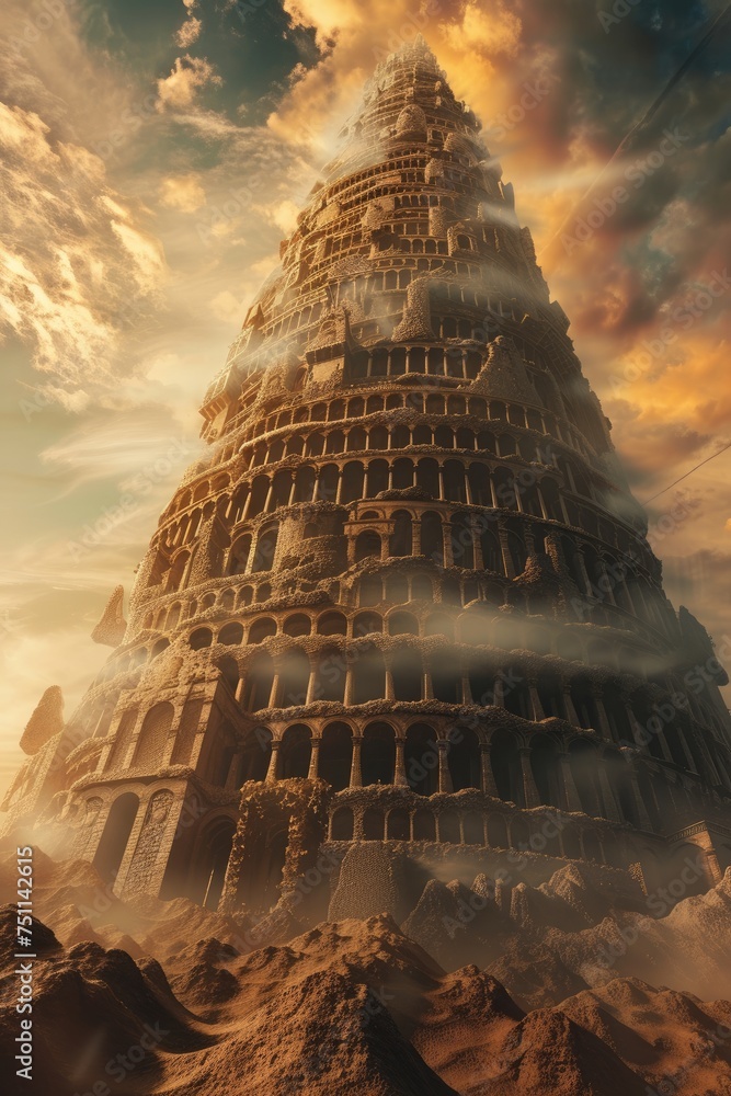A monumental Tower of Babel pierces the sky, symbolizing human ambition ...