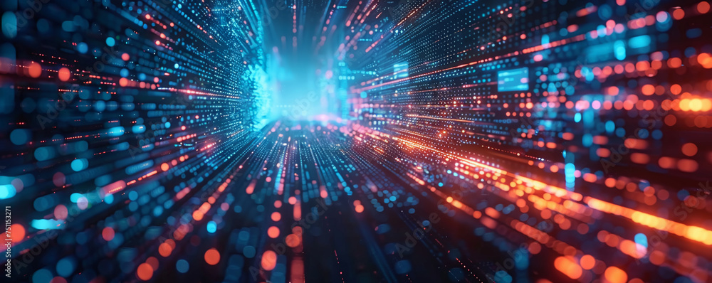 Medium shot of animated data streaming through an advanced network ...