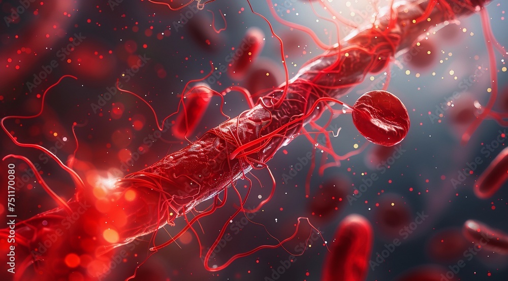 Blood vessels, nerve connections, blood movement in the human body ...