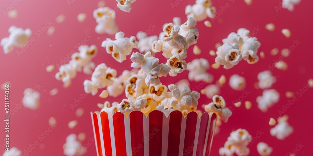 Vintage red popcorn bucket tipping kernels midair evoking a sense of ...