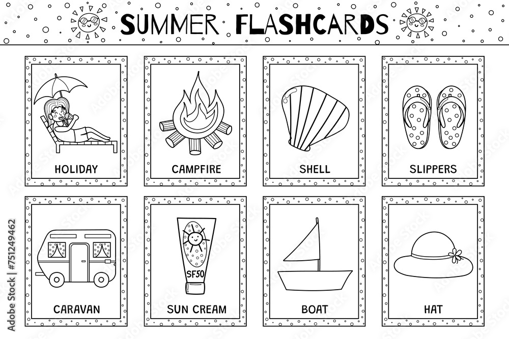 Summer flashcards black and white collection for kids. Vacations flash ...