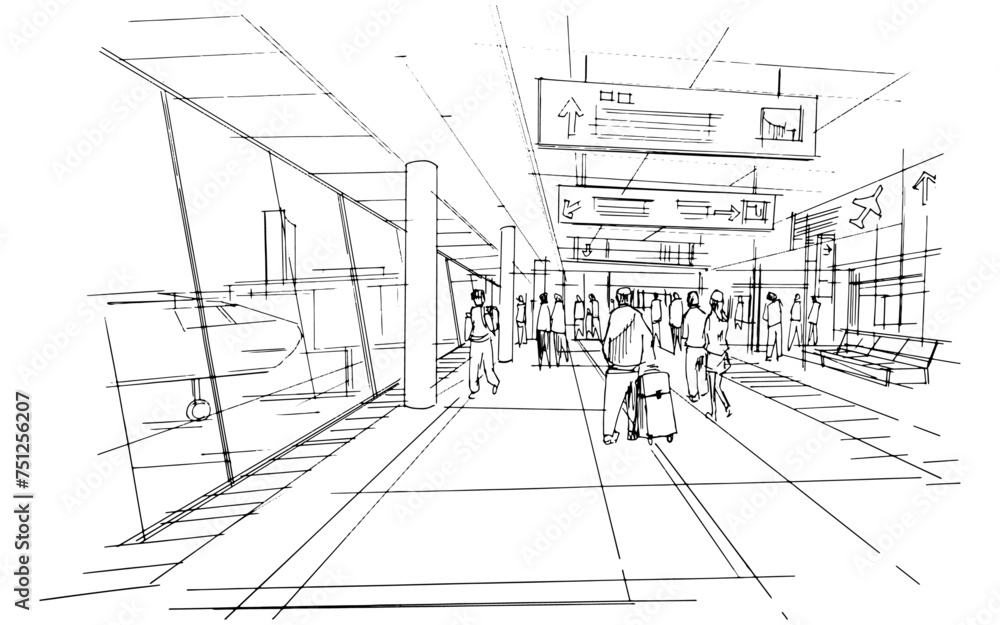 Architectural line drawing of airports. ,Drawing exterior and interior ...