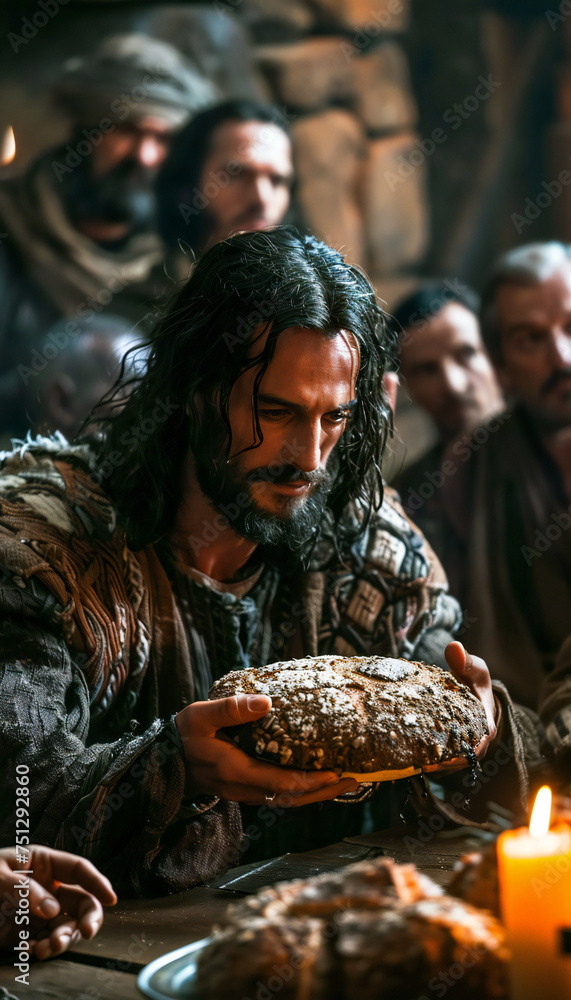 Vertical recreation of Jesus praying with bread in the Last Supper ...